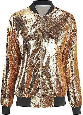 Generic Will Manteau pour femme &agrave; paillettes et manches longues et fermeture &eacute;clair, veste pilote dHalloween manteau &agrave; pois pour femme, or, 3XL