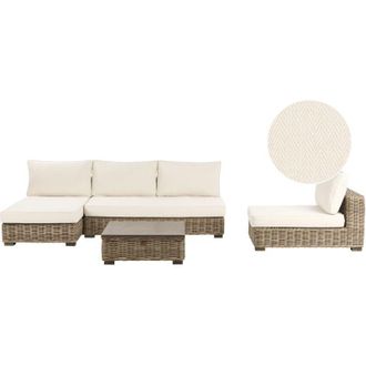 Beliani Lounge Set Grau Rattan 4-Sitzer Rechtsseitig mit Auflagen Cremewei&szlig; Tisch und Lounger Boho Gartenausstattung Terrasse Outdoor