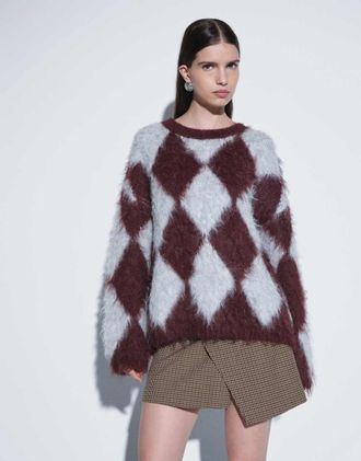 Daisy Street Pullover mit Diamantmuster, Oversize, flauschig, in Rot und Grau-Multi