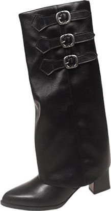 Generic Bottes hautes pour femme - Larges mollets - &Eacute;l&eacute;gantes - Bout pointu - Boucle classique - Talon &eacute;pais - Confortable - &Agrave; enfiler - Pour f&ecirc;te en plein ai