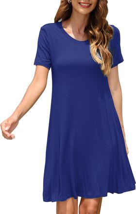 Zeagoo Damen Damenkleider Sommer Kurzarm Kleid Freizeit Sommerkleider MiniKleid Rundhals Lose Tunika Strandkleid Blau,S