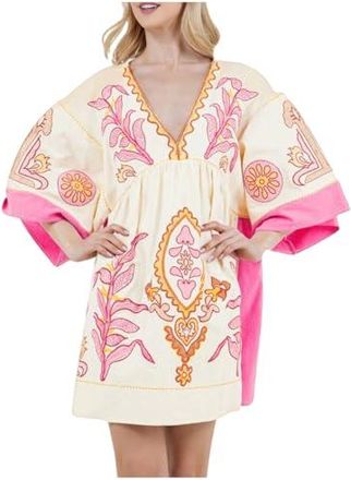Generic Robe boh&egrave;me brod&eacute;e avec col et manches 3/4 pour femme, coupe ample, rose vif, XXL