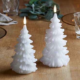 Lights4fun Lot de 2 Bougies TruGlow en forme dArbre de No&euml;l en Cire Blanche &agrave; LED Blanc Chaud &agrave; Piles pour Int&eacute;rieur