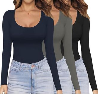 Ekouaer Tee Shirt Thermique Femme Chaud Automne 3 pièces col Rond Haut Thermique Femme Marine Bleu Gris Foncé Noir XXL