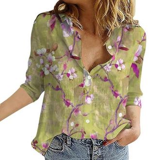 Generic Haut &agrave; manches longues &agrave; col en V pour femme - Chemisiers floraux &agrave; manches longues - Blouses et chemises de plage, hauts de vacances, hauts basiques 