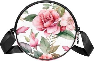 Generic Petit sac &agrave; bandouli&egrave;re circulaire pour femme, motif feuilles florales, sac &agrave; dos avec fermeture &eacute;clair, bretelles r&eacute;glables, sac &agrave; main rond d&eacute;contra