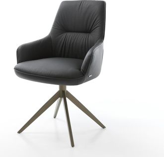 DELIFE Drehstuhl Zelia-Flex mit Armlehnen Echt-Leder Schwarz Kreuzgestell breit Effektfinish Titan 360&deg; drehbar Wippfunktion Taschenfederkern, Esszimmerst&uuml;hl