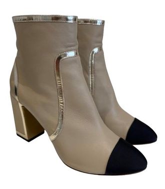 Chanel Beige Leather Heeled Boots with Silver Trim Size 40