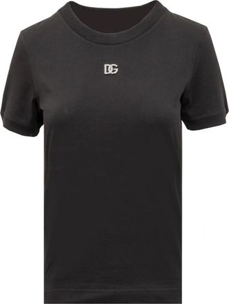 Dolce & Gabbana Femme, Tops, Noir, Taille: 36 FR T-Shirt en Coton avec Logo Orn&eacute;