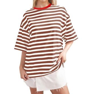 Generic T-shirt &agrave; rayures d&eacute;contract&eacute; pour femme avec col rond et manches courtes pour le printemps. T-shirt ray&eacute; minimaliste et confortable, caf&eacute;, XXL