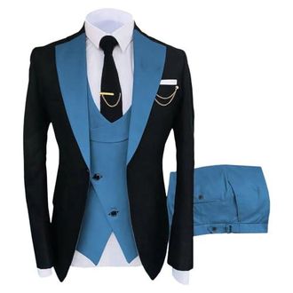 Generic Costume 3 pièces pour homme - Coupe ajustée - Élégant smoking pour mariage, bal de fin dannée, costume formel daffaires - Gilet et pantalon, bleu, XXL