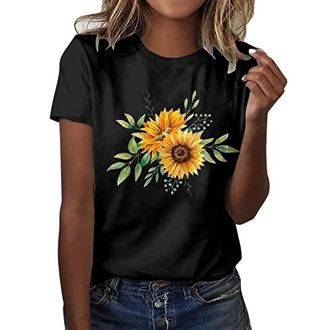 Generic T-shirt imprim&eacute; ample &agrave; manches courtes et col rond pour femme, Noir, XXL