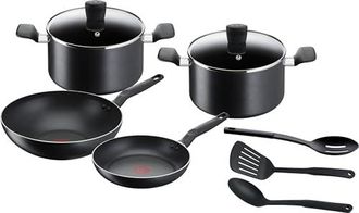 T-fal Batterie de cuisine 9 pi&egrave;ces, Po&ecirc;le 24 cm + Wok 28 cm + Faitouts 22/24 cm + ustensiles, Pas dinduction, Rev&ecirc;tement antiadh&eacute;sif, Poign&eacute;e ergonomique, S
