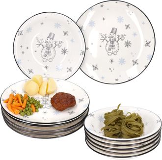 MamboCat 12tlg Tafelservice Olove I 6x Speiseteller &Oslash;27cm & 6x Suppenteller 450 ml I winterliches Steingut-Geschirr mit Schneemann & Schneeflocken I f&uuml;r Weihna