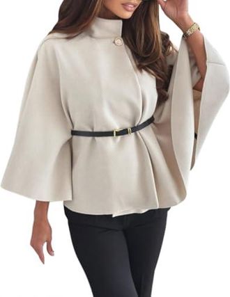 Minetom Poncho Femme Cape El&eacute;gante Automne Hiver Ch&acirc;le Couleur Unie Bouton Manteau avec Ceinture A Beige XS