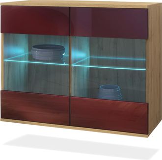 Vladon Kommode Bari V3, Moderner Küchenschrank mit 2 großen Glastüren inkl. RGB Beleuchtung Eiche Evoke/Bordeaux Hochglanz (92,5 x 73.5 x 35)