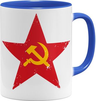 OM3 Soviet-Star Kaffee-Tasse mit Hammer und Sichel Symbol - Roter Stern - Retro Design - Keramik Becher - 325ml - Beidseitig Bedruckt - Blau