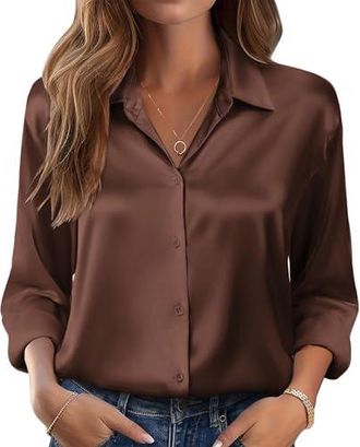 Generic Chemisier en satin &eacute;l&eacute;gant pour femme - Col en V - Manches longues - D&eacute;contract&eacute; - Boutonn&eacute; - Chemise daffaires - Chemise en soie avec boutons, Darbro