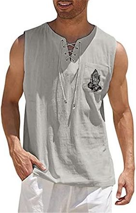 Generic Chemise en coton et lin pour homme - Hauts dentra&icirc;nement d&eacute;t&eacute; pour homme - Haut de printemps et d&eacute;t&eacute; d&eacute;contract&eacute; - Haut sans manches en coton - D&eacute;bard