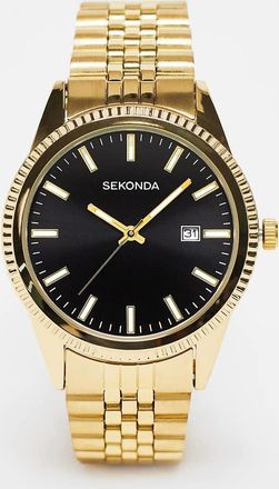 Sekonda King - Analoge Herrenuhr mit rundem 40-mm-Gehäuse aus Goldlegierung, Armband aus Edelstahl in Goldoptik und Zifferblatt in Schwarz