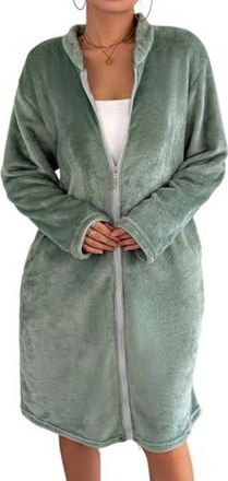 ORANDESIGNE Peignoir de Bain Femme Court Robe de Chambre Polaire Peignoir Polaire Peignoirs Hiver Robe Peluche avec Fermeture &eacute;clair B Vert L