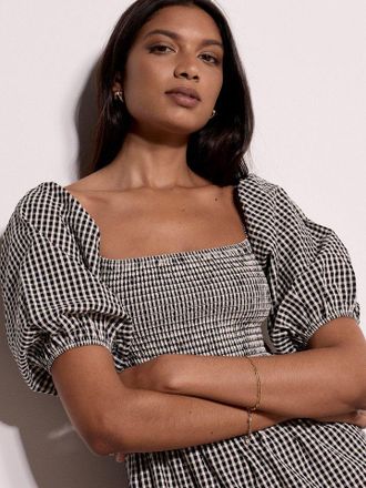 Apricot Midikleid Milchm&auml;dchen-Midaxi-Kleid in Karomuster mit eckigem Ausschnitt
