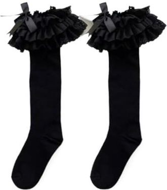 Generic Chaussettes hautes avec noeud et dentelle, style japonais doux pour femme, noir 2, Taille Unique