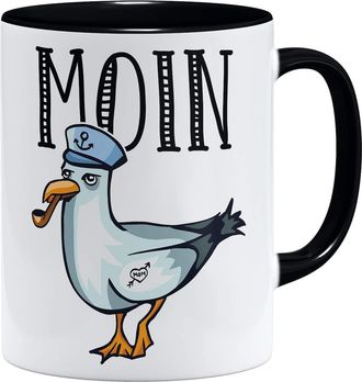 OM3 Seemöwe Moin Kaffee-Tasse mit Spruch - Guten Morgen Möwe | Keramik Becher | 11oz 325ml | Beidseitig Bedruckt | Schwarz