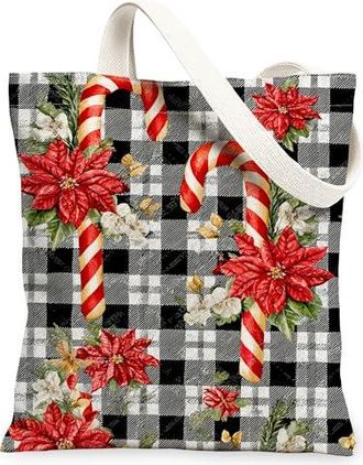 Generic Sacs fourre-tout en toile florale, motif poinsettia, sacs d&eacute;picerie r&eacute;utilisables, vintage &agrave; carreaux l&eacute;gers et lavables avec bandouli&egrave;re Ca, Rouge, 1