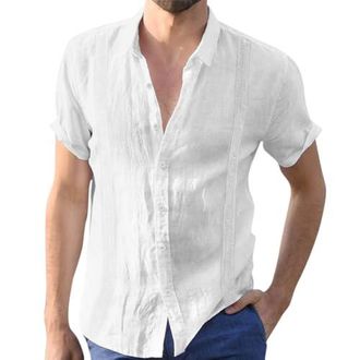 Generic Chemise en lin pour hommes &agrave; manches courtes : chemise d&eacute;contract&eacute;e boutonn&eacute;e chemise d&eacute;t&eacute; avec col rabattu T-shirts l&eacute;gers cardigan overshirt respira