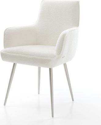 DELIFE Esszimmerstuhl Heira-Flex mit Armlehnen Boucl&eacute; Soft Beige 4-Fu&szlig; konisch Edelstahl Taschenfederkern, Esszimmerst&uuml;hle