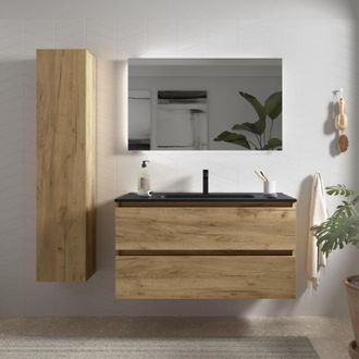 Cygnus Bath Meuble de salle de bain BEQUIA 100cm Ch&ecirc;ne Vasque Noir Porcelaine Centrale