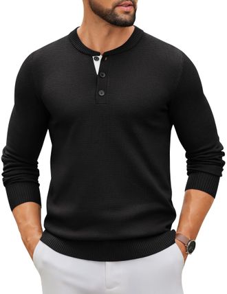 Coofandy Henley Shirts Herren Langarm Dünner Pullover mit Knöpfen Leicht Strickpullover Casual Winterpullover Pulli Männer Schwarz 3XL