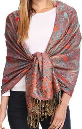 Sakkas 16125 - Kalin long Large Woven Patterned Fringe Tassel Pashmina Shawl/Scarf - Royal Blue/Red - OS