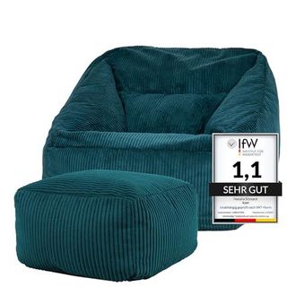 Icon Brand Natalia Sitzsack Sessel mit Hocker f&uuml;r Erwachsene, Blaugr&uuml;n, Flauschiger Cord Stoff, Riesen Sitzsack Cord mit F&uuml;llung, Bean Bag Chair, Bequemer Sessel
