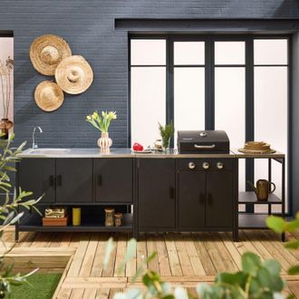 Sweeek Cuisine ext&eacute;rieure Naxos 3 modules acier inoxydable noir avec barbecue gaz 3 br&ucirc;leurs