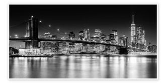 Posterlounge New York City Skyline bei Nacht, Brooklyn Bridge I Poster von Sascha Kilmer 100 x 50 cm Schwarz-Weiß Wandbilder Wanddeko