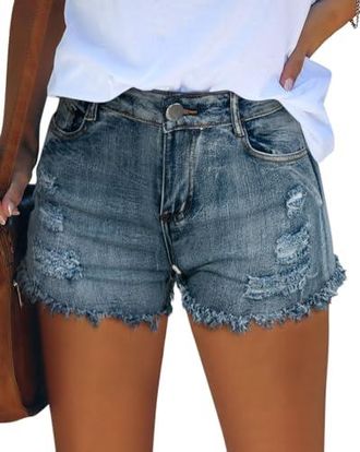 Minetom Short Femme Jean Taille Haute Ete Denim Pantalon Short en Jean Décontracté Shorts À Franges Déchiré Hot Shorts Plage B Bleu XS