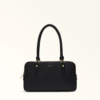 Furla Giulia Boston-tasche M Nero Schwarz Strukturiertes Leder + Wildleder Damen