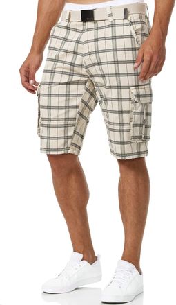 Indicode Herren Blixt Cargo Shorts mit 6 Taschen und G&uuml;rtel aus 100% Baumwolle | M&auml;nner Fog Check, S