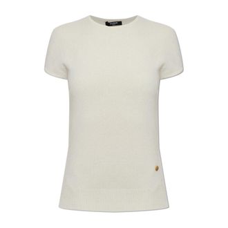 Balmain Femme, Pulls, Beige, Taille: 38 FR Top Cr&egrave;me avec Logo Appliqu&eacute;