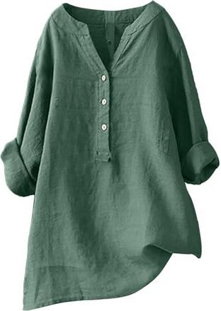 Generic Chemise en coton grande taille pour femme, haut respirant, col en V, boutons, chemises enroulables, coupe ample, chemisier de plage 2026, Vert, 5XL