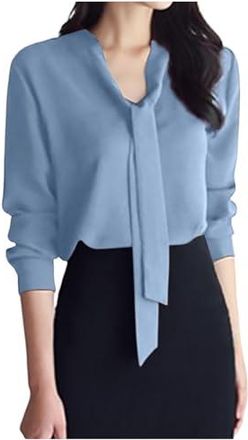Generic Chemisier décontracté à manches longues pour femme avec noeud en ruban, couleur unie, bleu, XXL