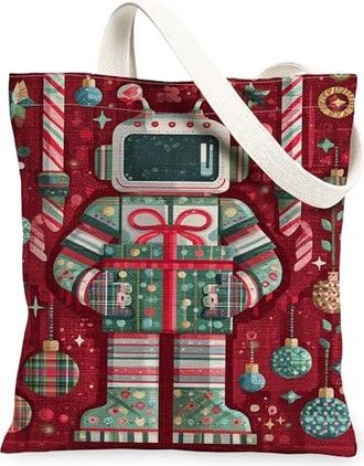 Generic Sacs fourre-tout en toile motif robot de No&euml;l, sacs d&eacute;picerie r&eacute;utilisables, l&eacute;gers et lavables avec bandouli&egrave;re pour voyage, shopping, 33 x 38 cm