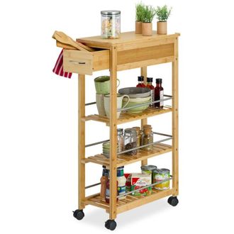 Relaxdays K&uuml;chenwagen, Bambus, Schublade, 3 Ablagen, Gew&uuml;rze, Vorr&auml;te, hbt: 86,5 x 25 x 50,5 cm, Rollwagen, natur/silber - Relaxdays