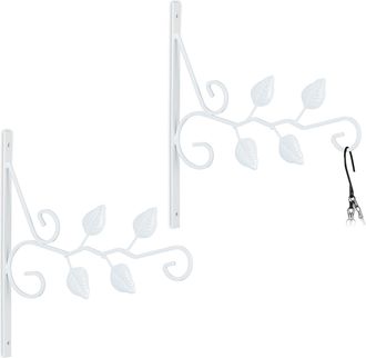 Relaxdays Blumenampel Halterung mit Blattmotiv, 2er Set, Wandmontage, HxBxT: 30 x 29,5 x 2 cm, Blumenhaken, Eisen, wei&szlig;