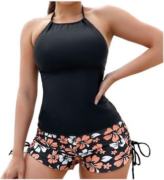 Generic Tankini pour femme - Contr&ocirc;le du ventre - Grande taille - Maillot de bain rembourr&eacute; taille haute imprim&eacute; - Dos nu - Bas de bikini pour femme, Orange, 