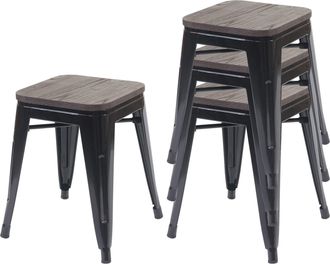 Mendler 4er-Set Hocker HWC-A73 inkl. Holz-Sitzfl&auml;che, Metallhocker Sitzhocker, Metall Industriedesign stapelbar - schwarz