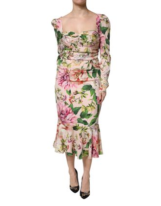 Dolce & Gabbana Womens Pink Floral Silk Fit And Flared Midi Dress Elastane