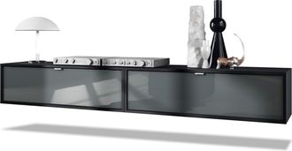 Vladon 2er-Set TV Board Lana 100, Made in Germany, Lowboards je 100 x 29 x 37 cm mit viel Stauraum, Korpus in Schwarz matt, Fronten in Grau Hochglanz | Große